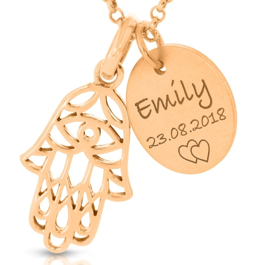 Fatimas Hand Kette mit Gravur Anhänger rosé vergoldet – Galwani